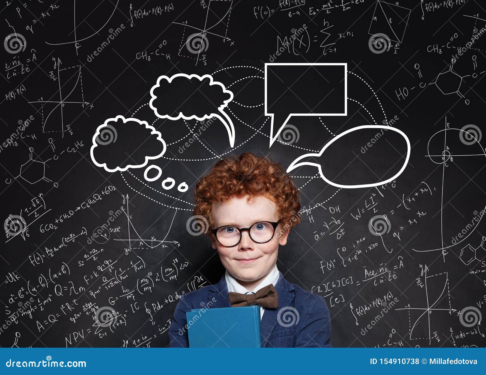 Portrait of Clever Little Boy and Empty Thinking Clouds Bubbles on ...
