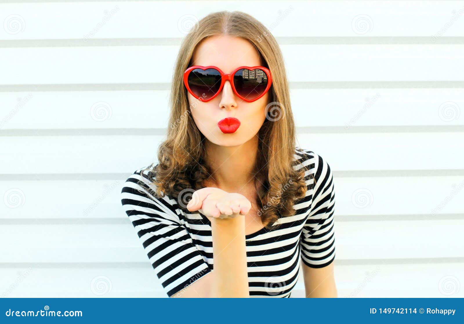 Portrait Close Up Young Woman Blowing Red Lips Sending Sweet Air Kiss