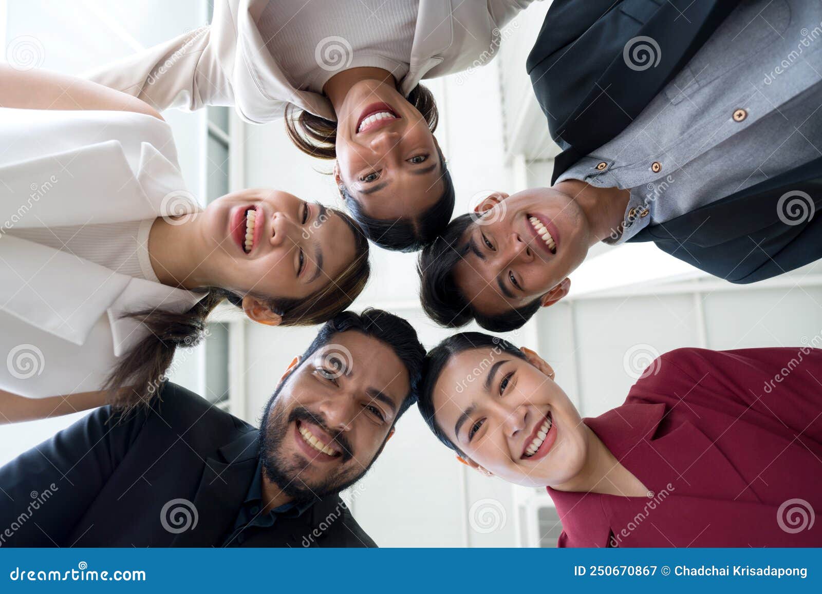 Portrait Closeup Bottom View Happy Faces of Employees Team Standing in ...
