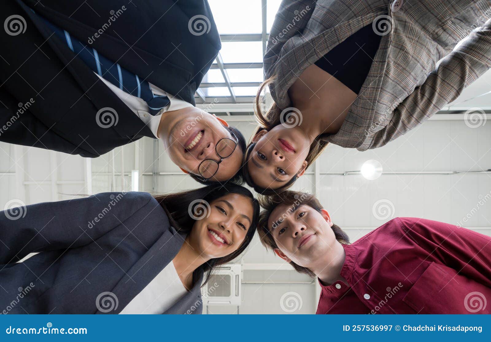 Portrait Closeup Bottom View Happy Faces of Employees Team Standing in ...