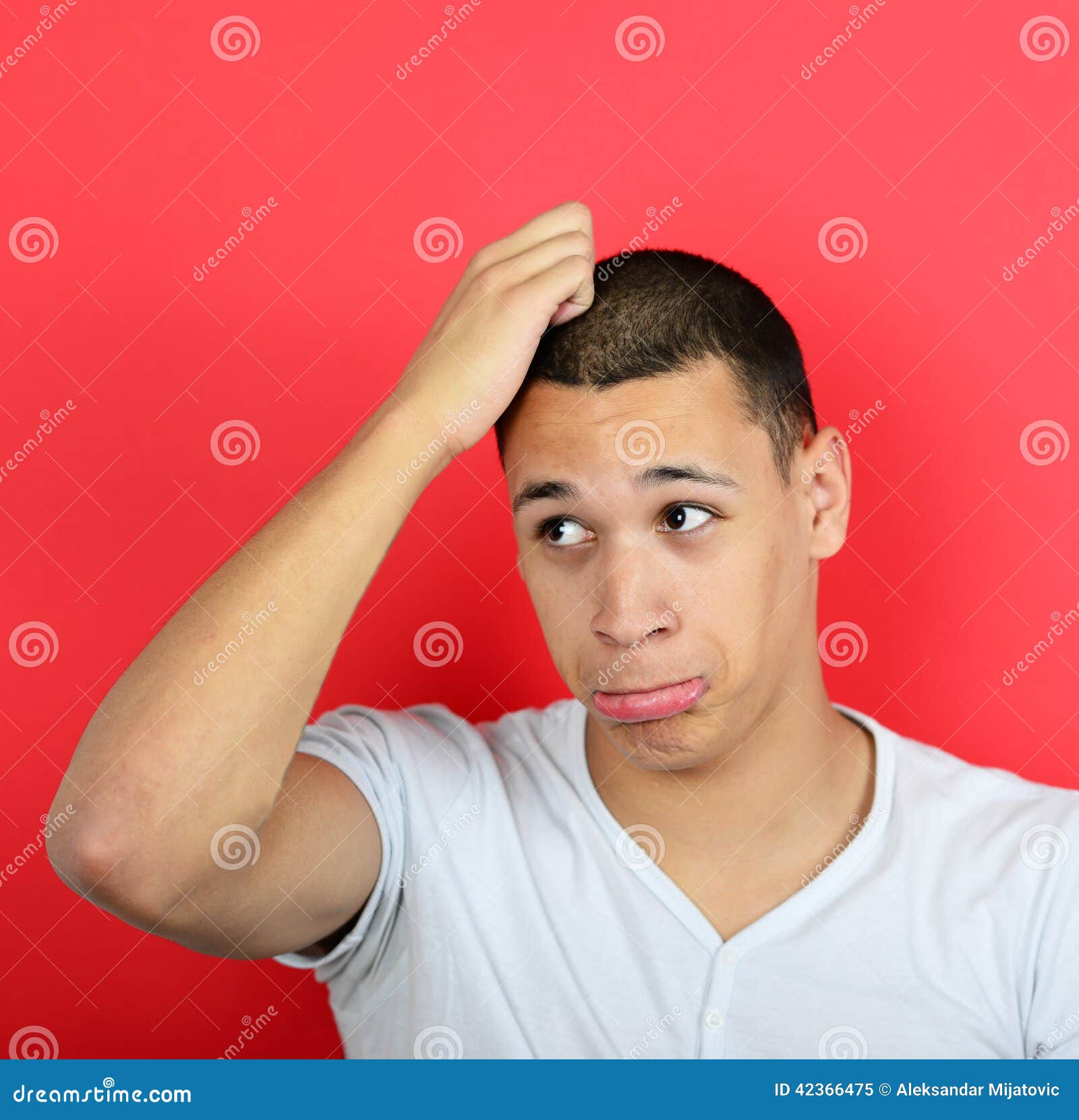 Portrait of Clueless Man Against Red Background Stock Image - Image of ...