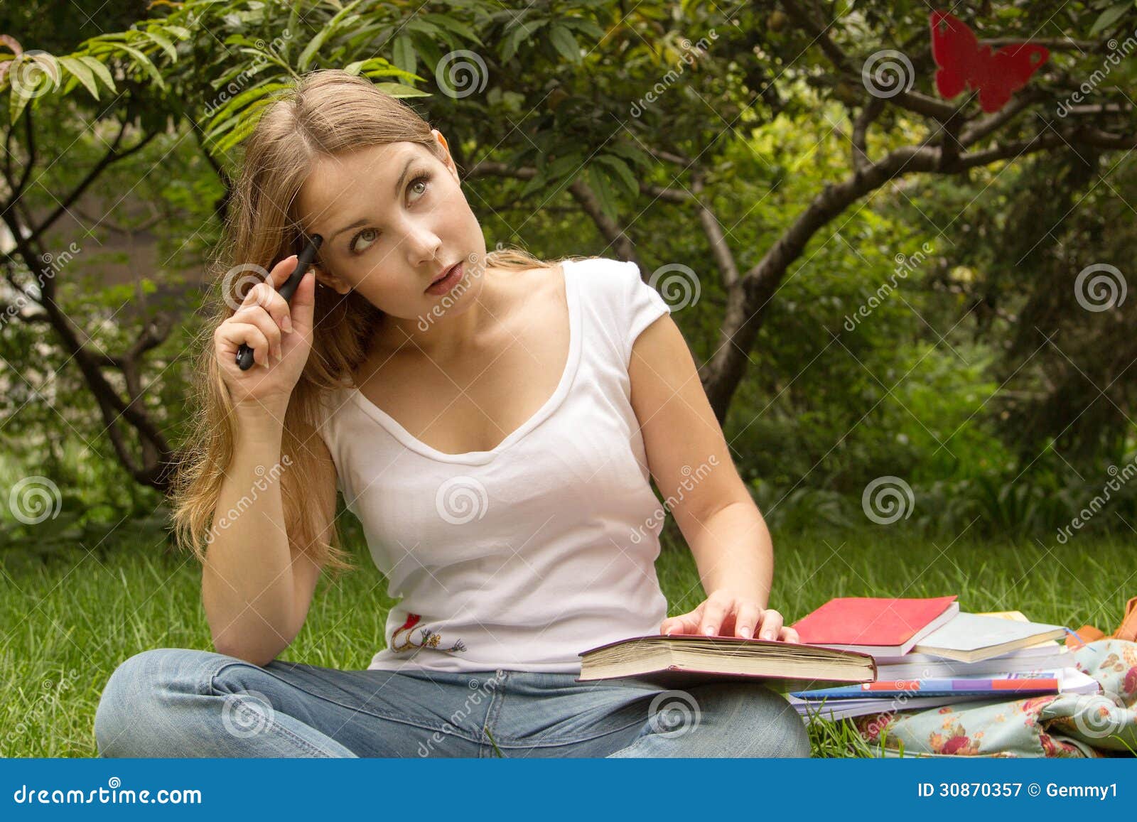 Portrait of College Student with Book Thinking about Exam Stock Image ...