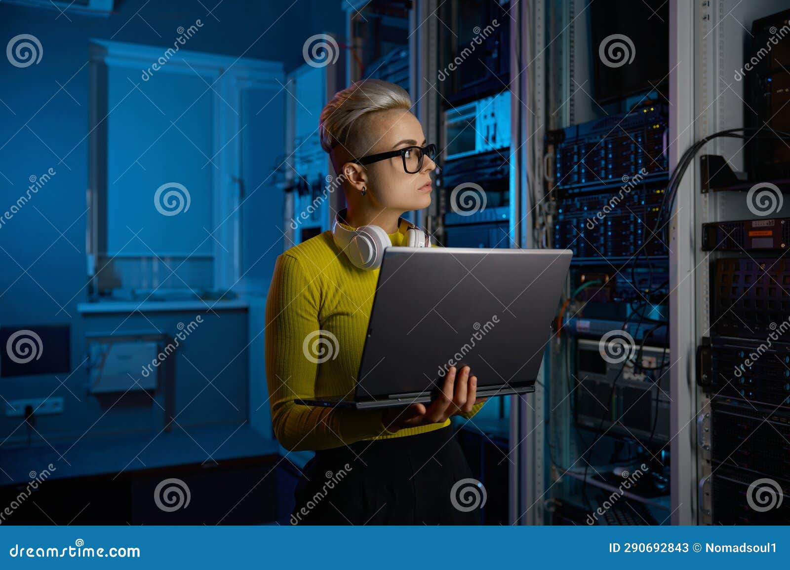 Portrait Of Concentrated Woman Coder Solving Problem In Data Center Stock Image Image Of