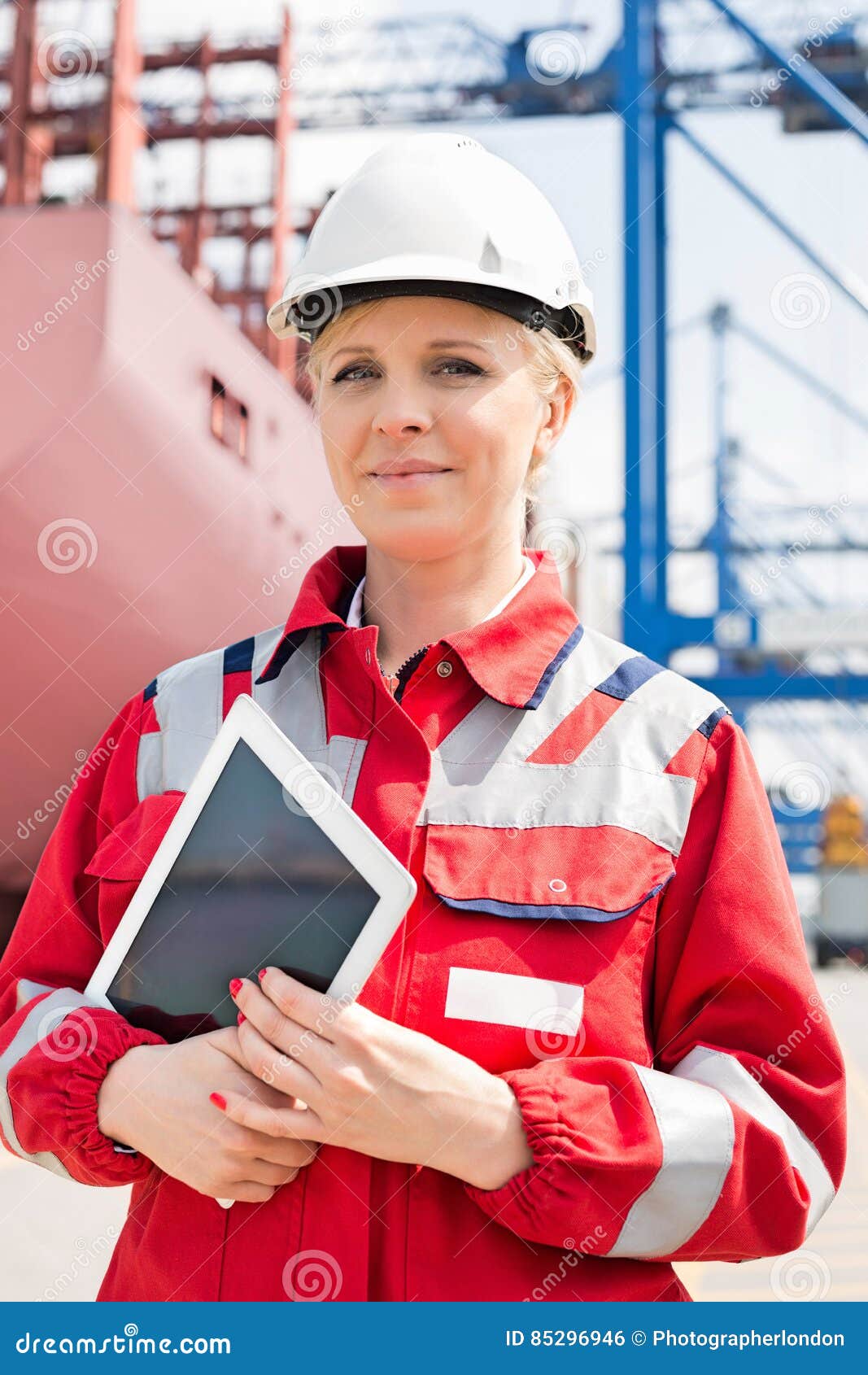 Portrait of Confident Female Engineer Holding Tablet Computer in ... Portrait of Confident Female Engineer Holding Tablet Computer in ...