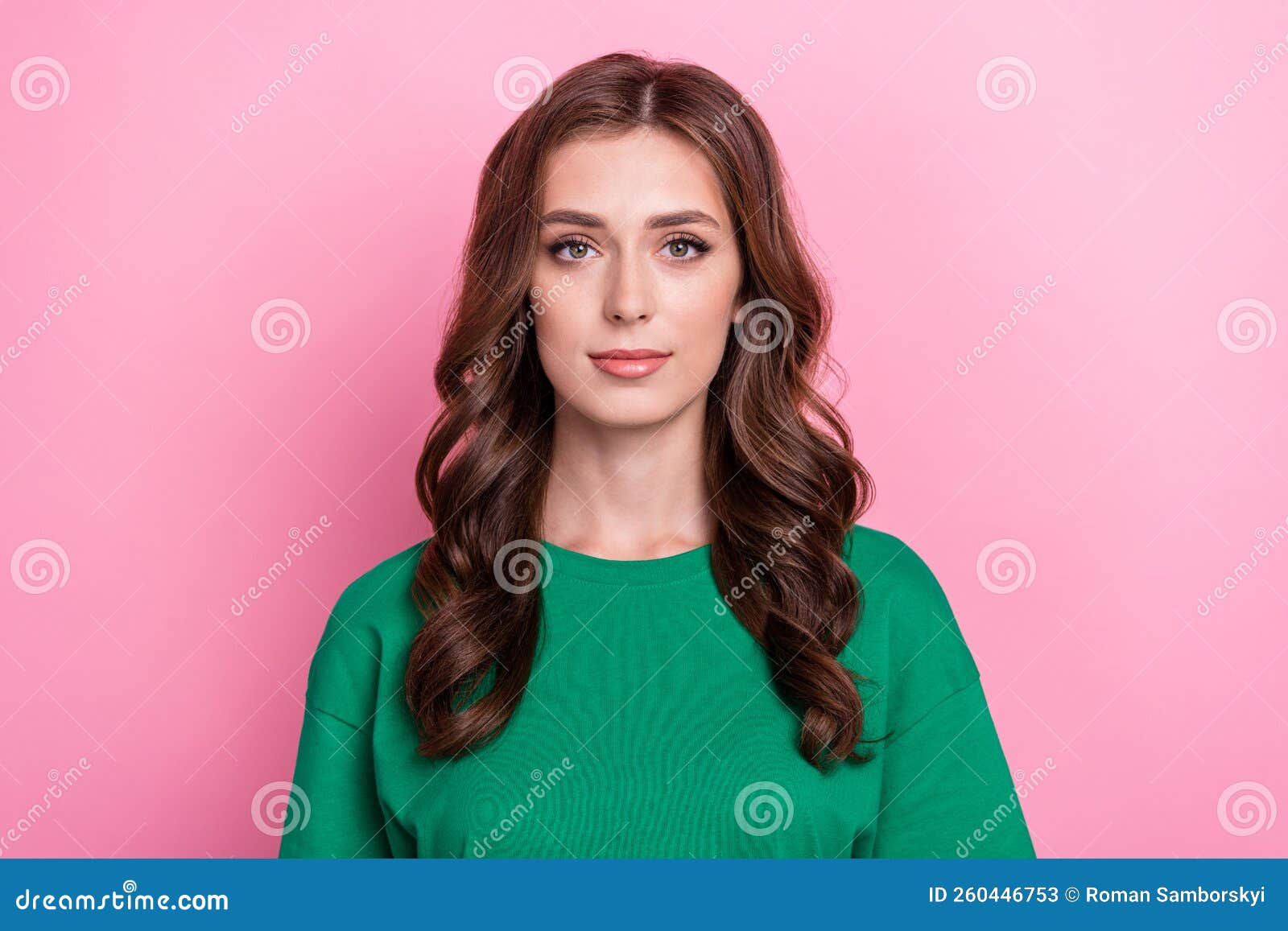 Portrait Of Confident Gorgeous Satisfied Woman With Wavy Hairdo Wear