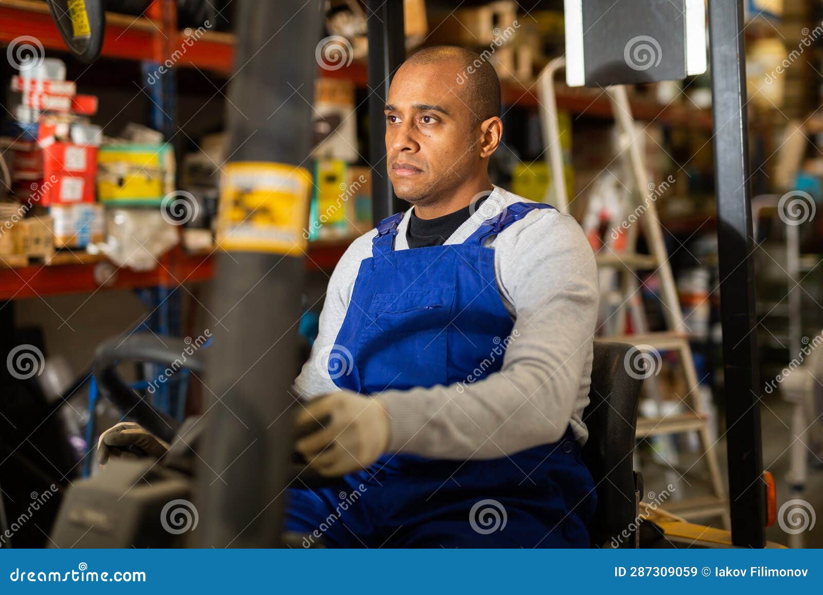Confident Hispanic Worker Driving Forklift in Building Materials Store ...