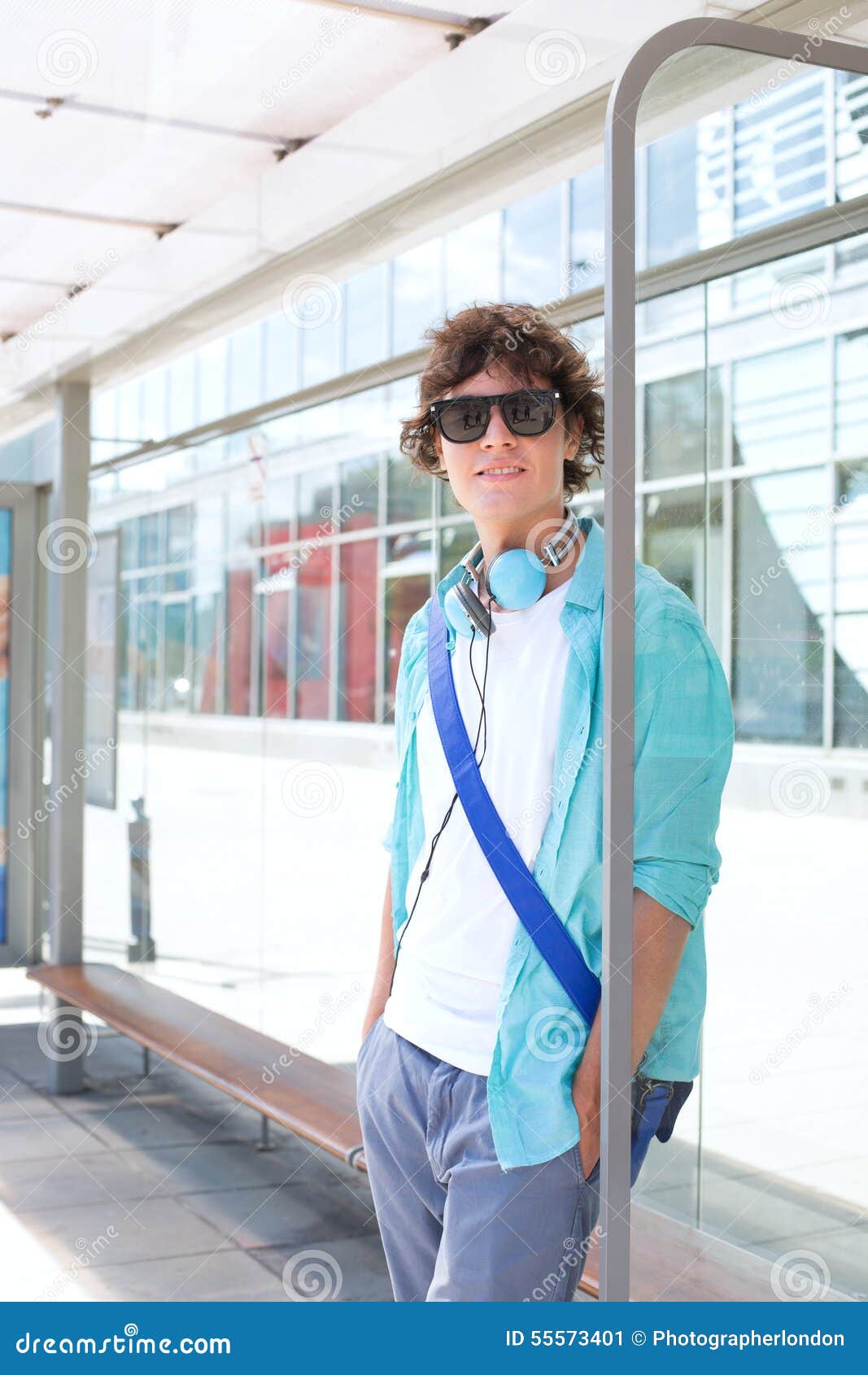 Portrait of Confident Man Waiting at Bus Stop Stock Image - Image of ...