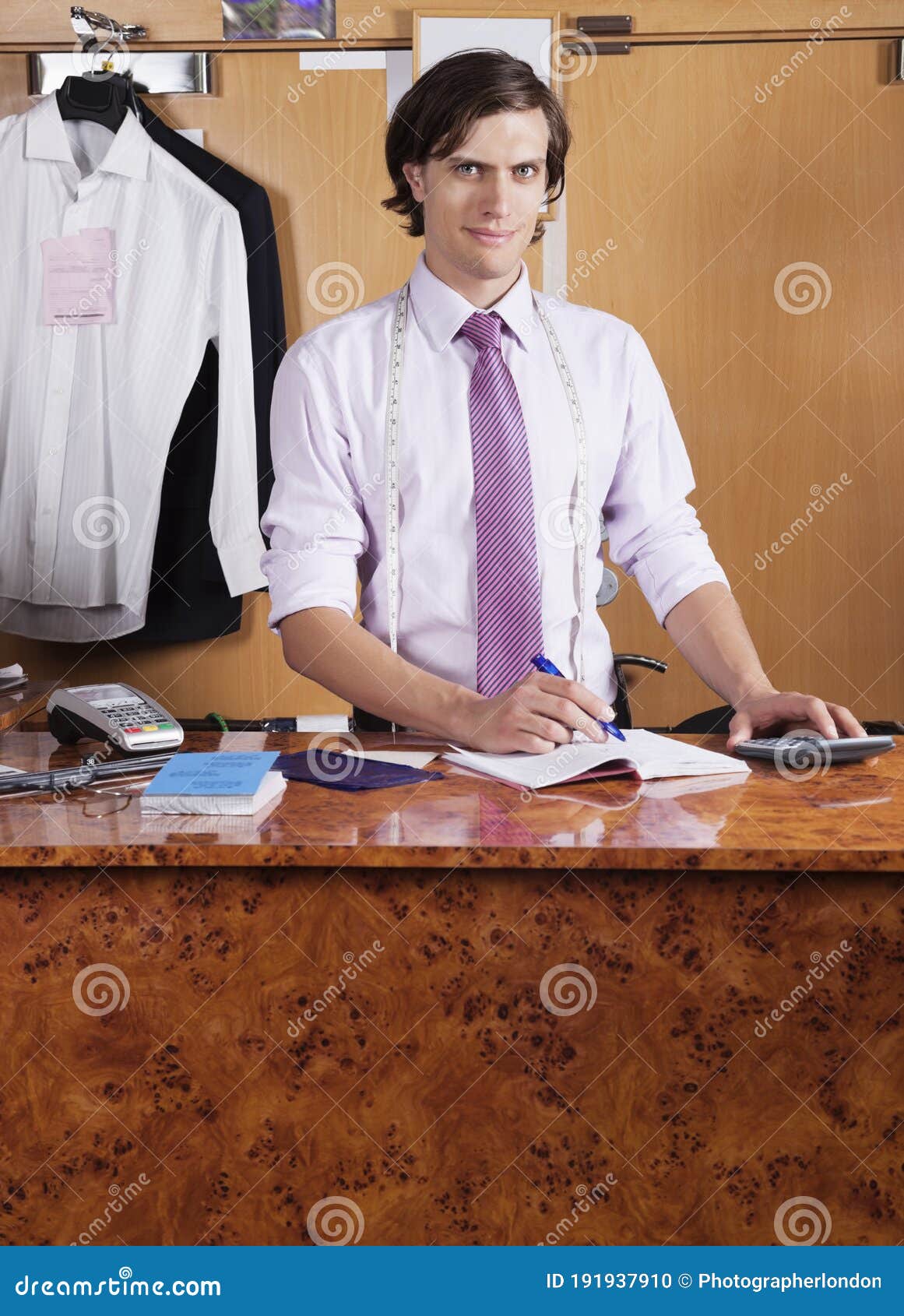 Portrait of Confident Owner Making Bills at Counter Stock Photo - Image ...