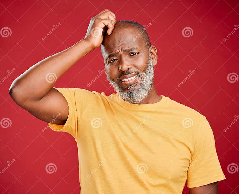 Portrait, Confused and Mature Black Man in Studio with Memory, Problem ...