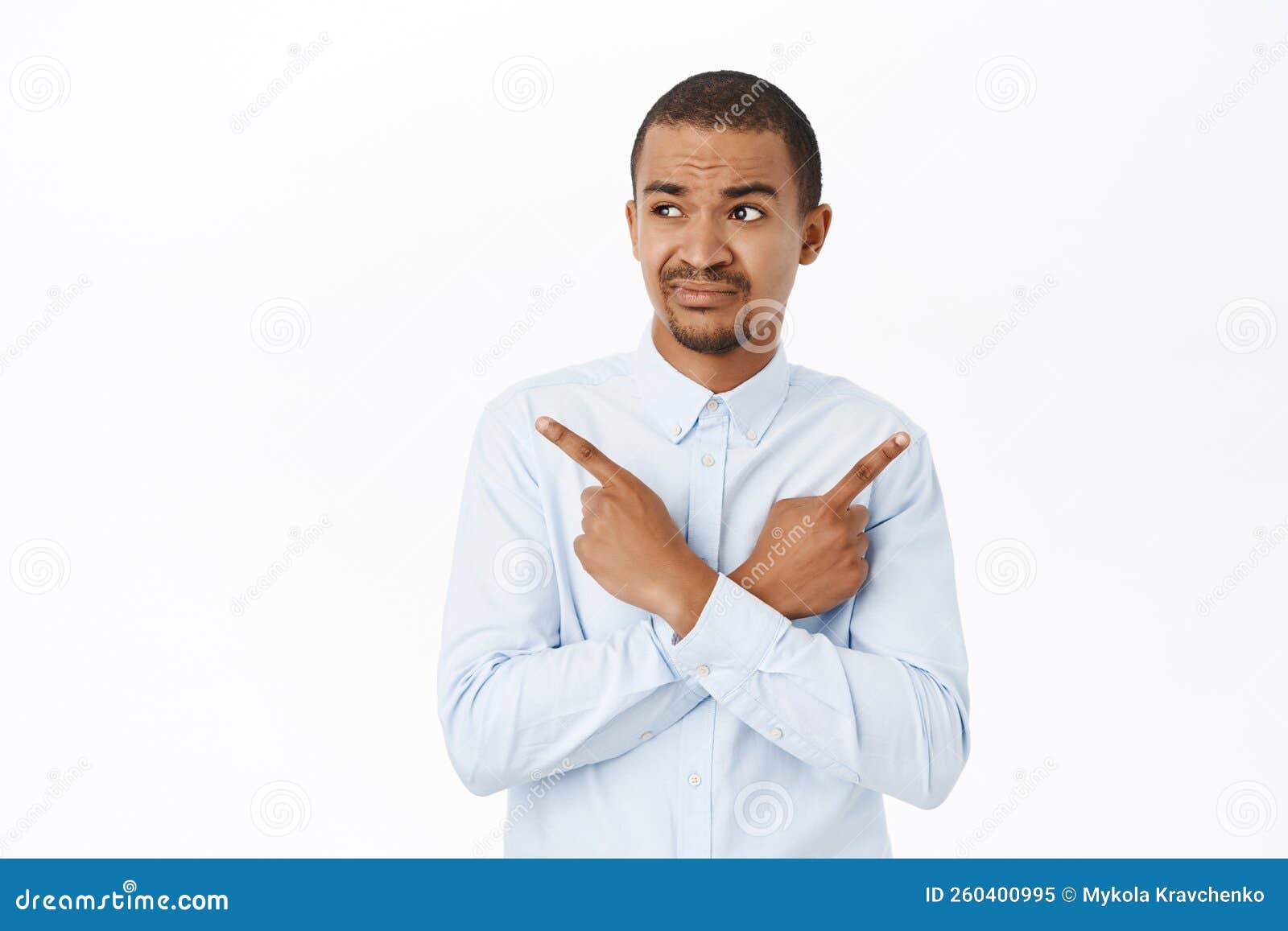 Portrait of Confused Office Worker, Young Man Pointing Sideways, Cannot ...