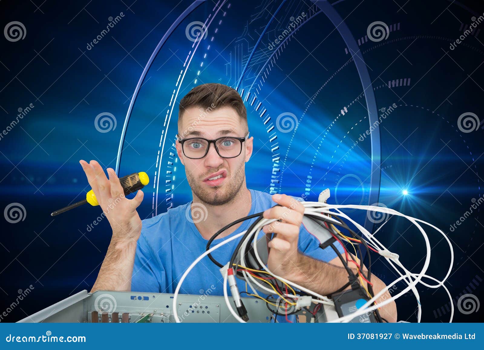 Portrait of Confused it Professional with Driver and Cables in Front of ...