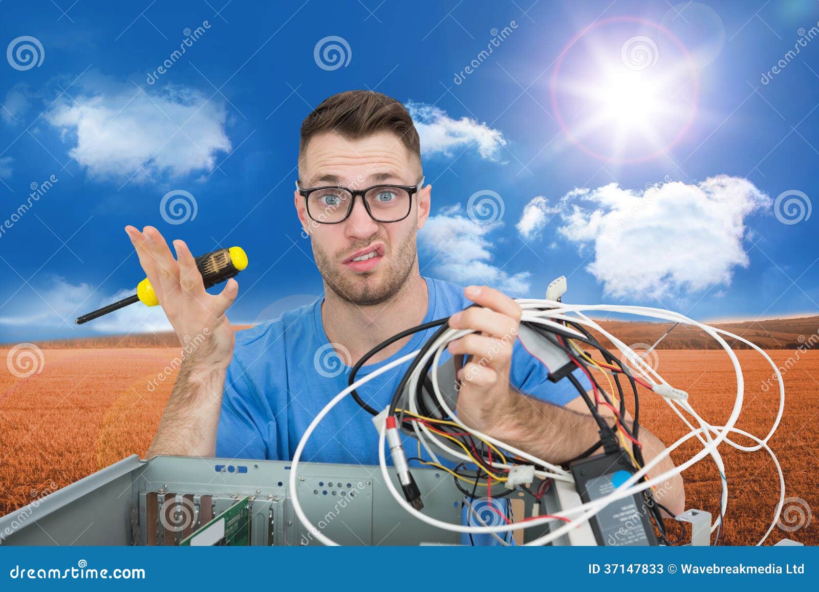 Portrait of Confused it Professional with Driver and Cables in Front of ...