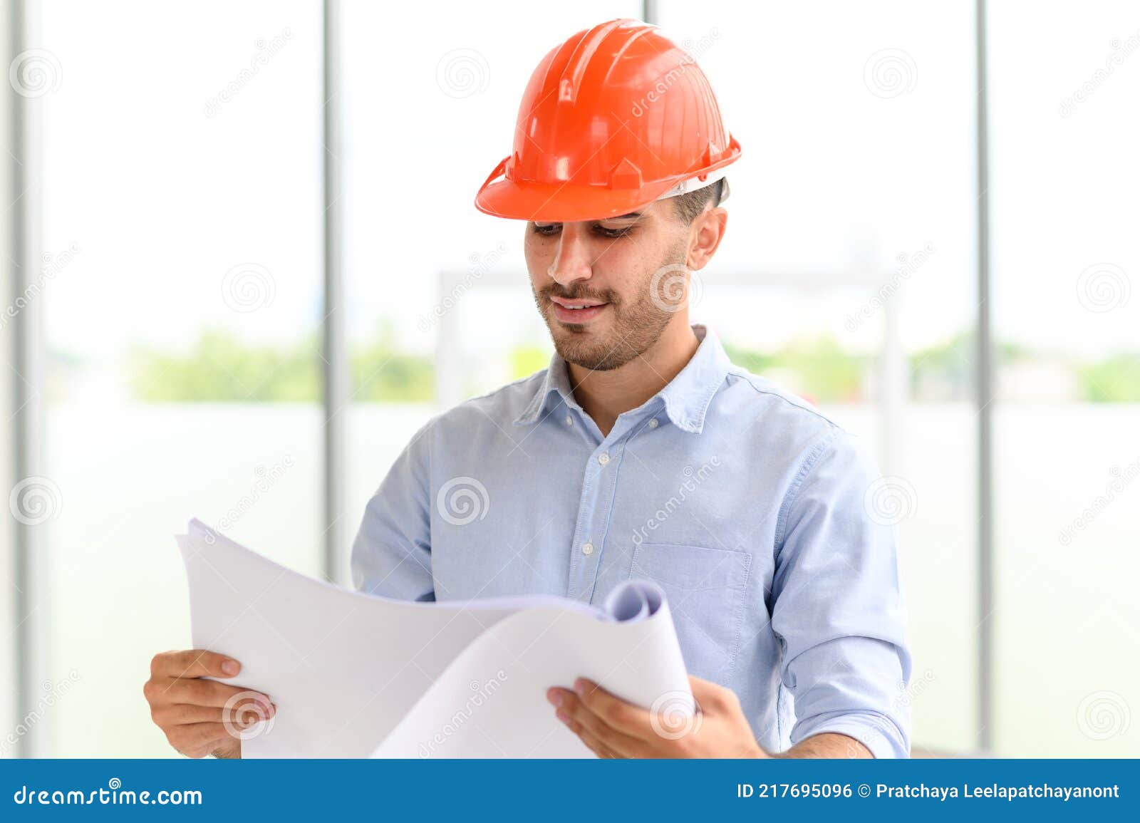 Portrait of Construction Engineer Manager Workers in Orange Hardhat and ...