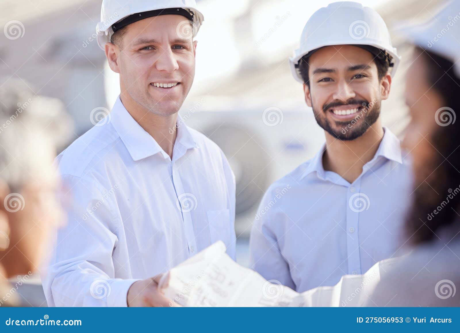 Portrait, Construction Site or Engineering People with Blueprint for ...
