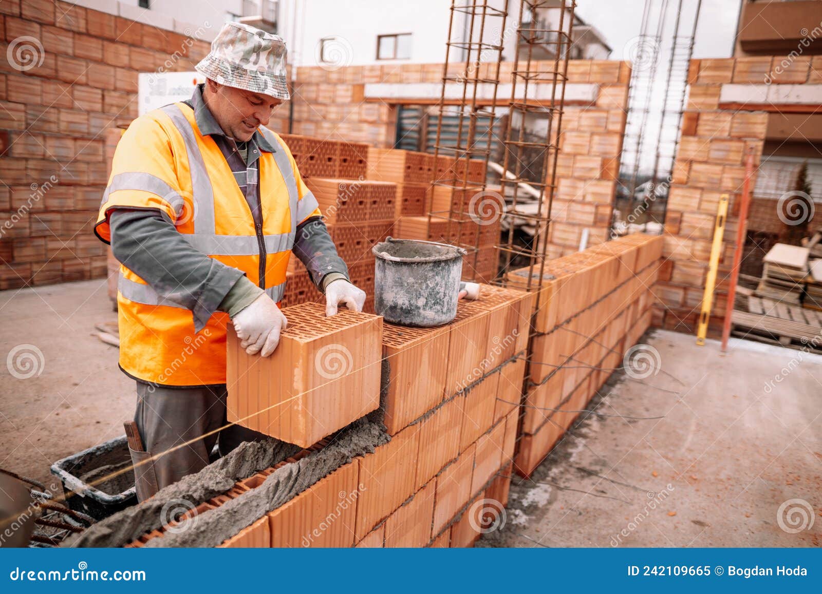 Portrait of Construction Worker Bricklayer Using Bricks and Mortar for ...