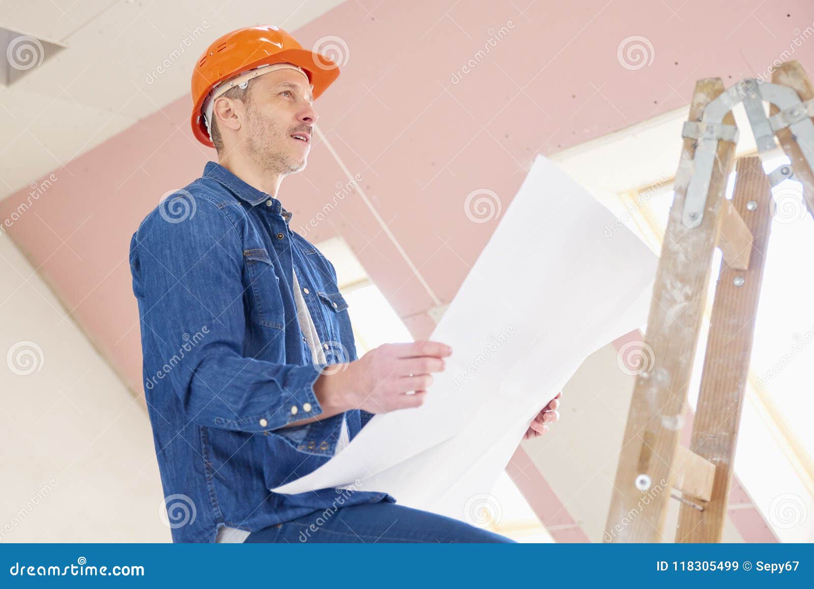 Thinking Construction Worker Portrait Stock Image - Image of ...