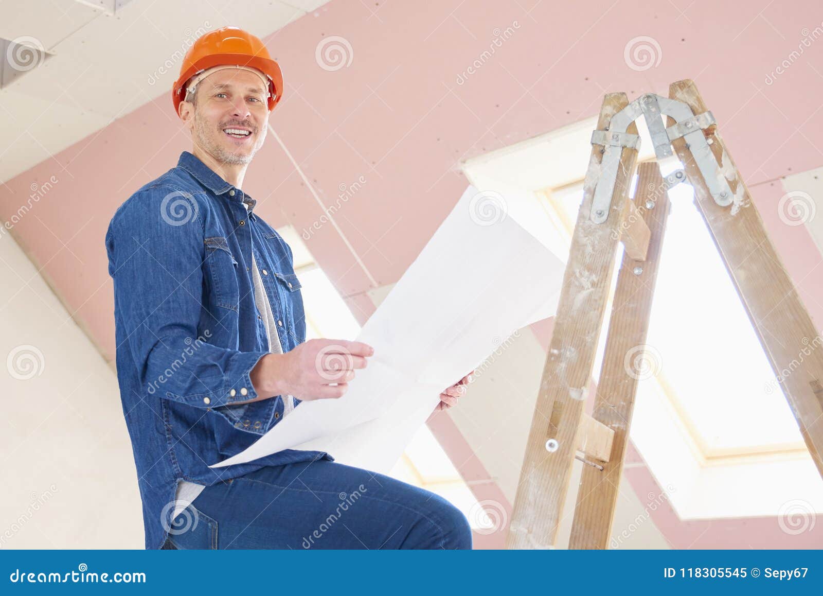 Thinking Construction Worker Portrait Stock Image - Image of house ...