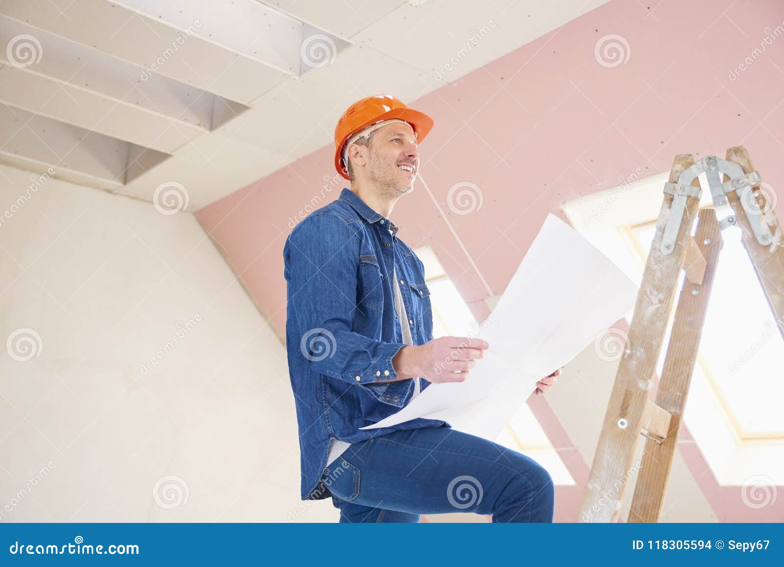 Thinking Construction Worker Portrait Stock Photo - Image of portrait ...