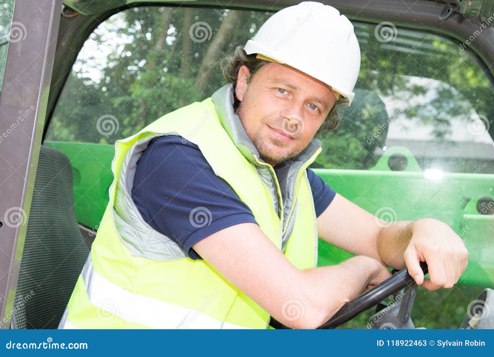 Construction Worker Man Driver at Road Construction Site Stock Image ...