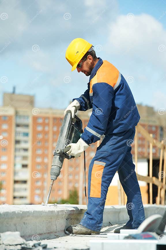 Portrait of Construction Worker with Perforator Stock Photo - Image of ...