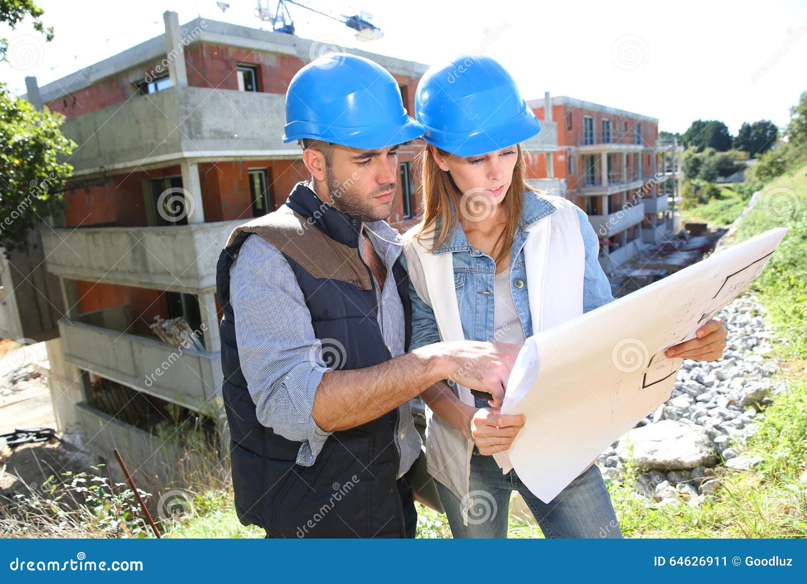 Portrait of Construction Workers with Blueprint Stock Image - Image of ...