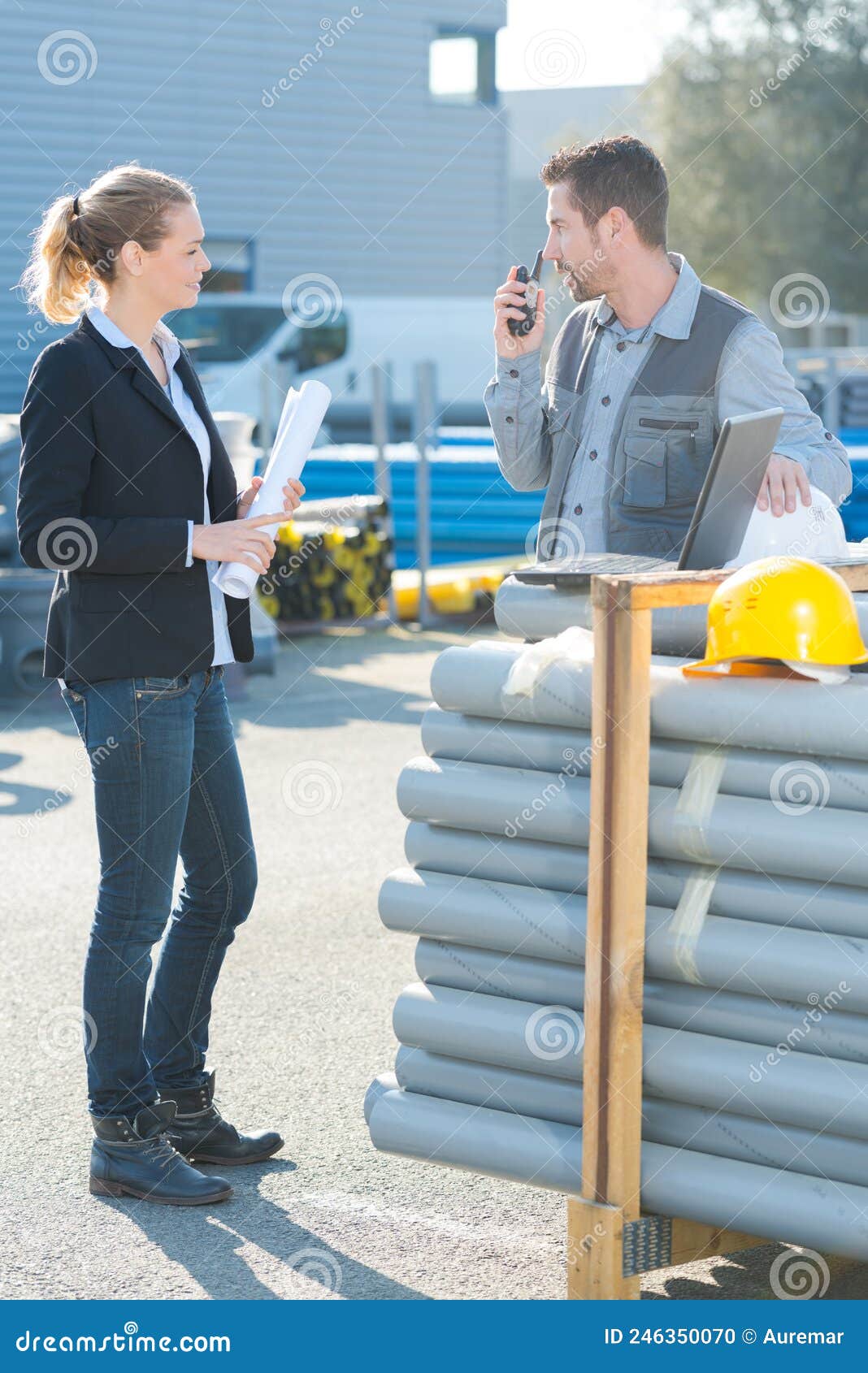 Portrait Construction Workers Talking Outdoors Stock Photo - Image of ...