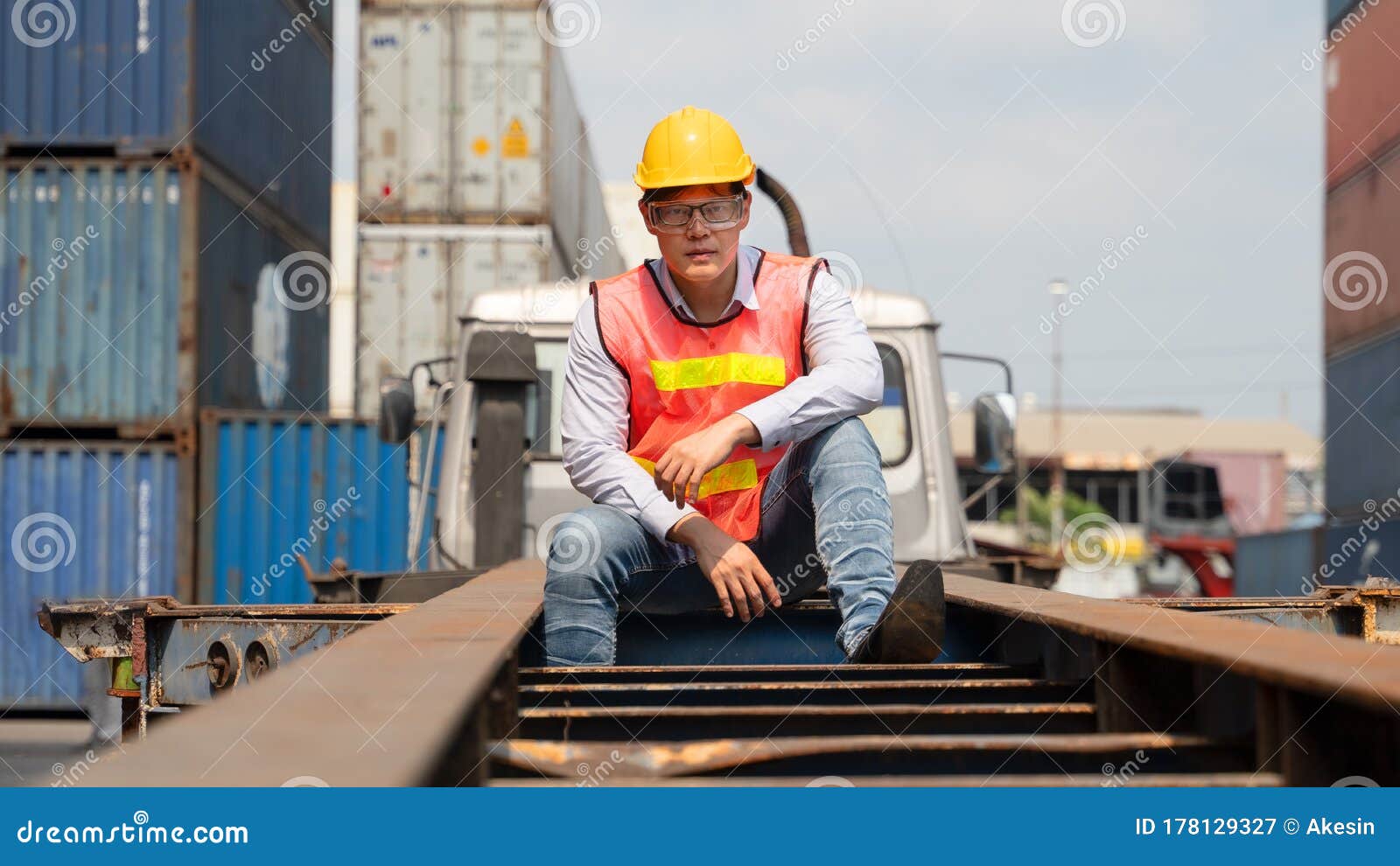 Portrait of Containers Yard and Cargo Inspector on Container Truck ...