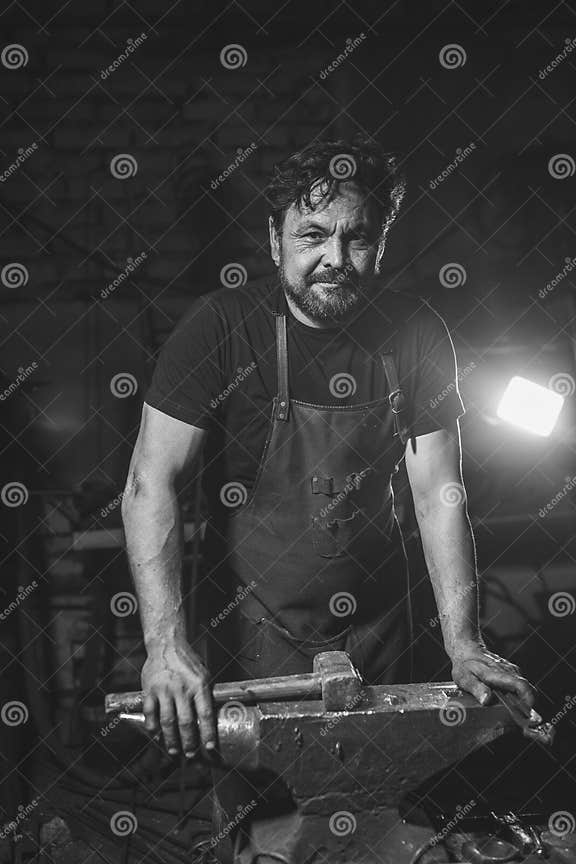 Cool Blacksmith Portrait in Workshop Stock Image - Image of beard, hand ...
