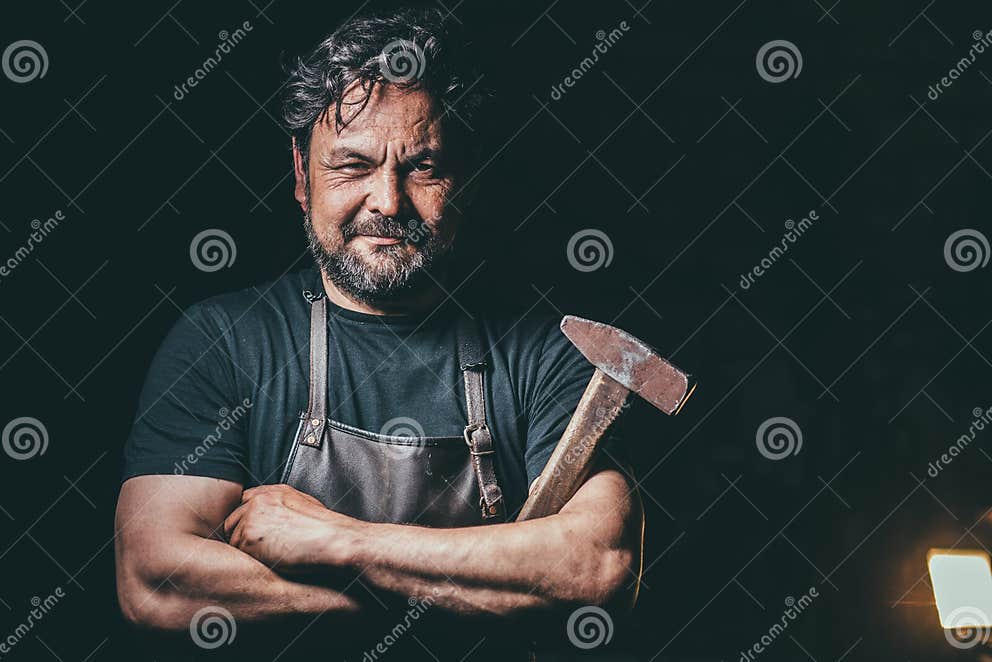 Cool Blacksmith Portrait in Workshop Stock Photo - Image of heat ...
