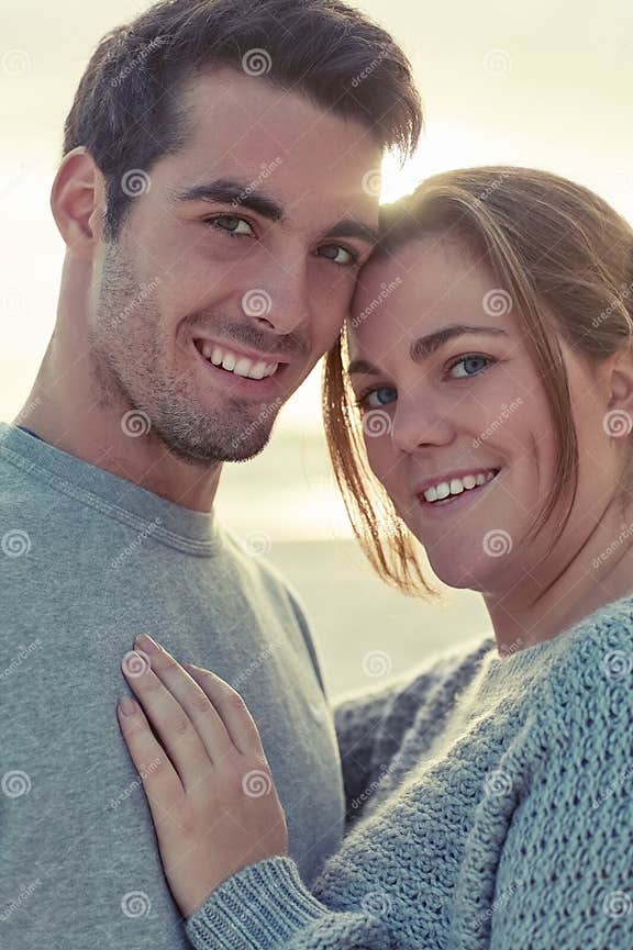 Portrait Couple And Hug With Love On Beach For Romantic Getaway On