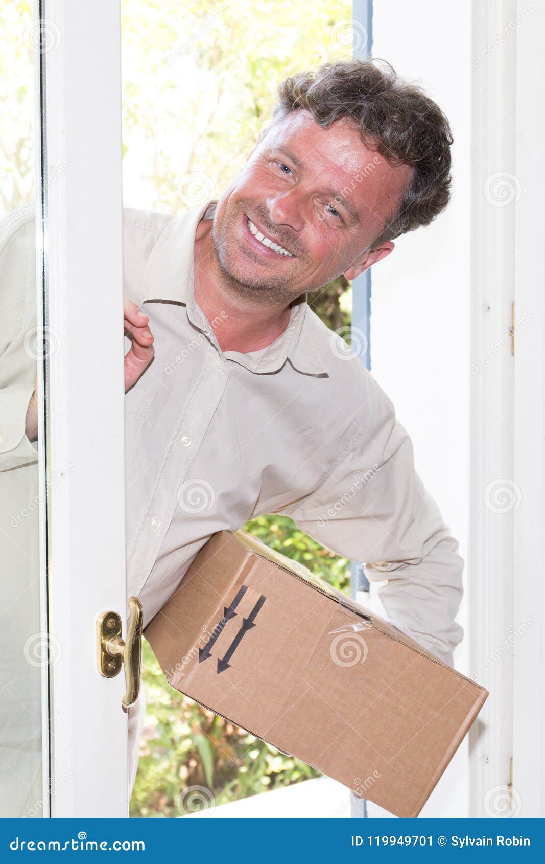 Courier with Parcel Box Delivering Package at Home Stock Image - Image ...