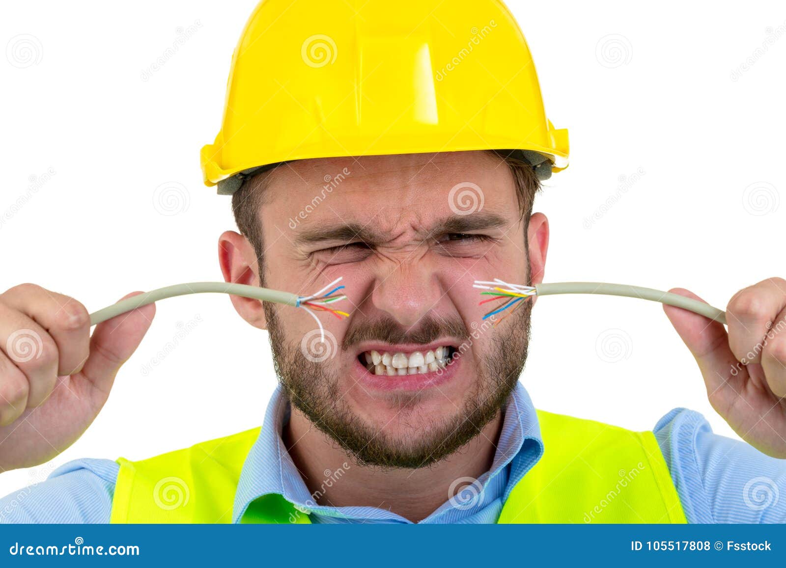 Portrait of Crazy Electrician Over White Background Stock Photo - Image ...