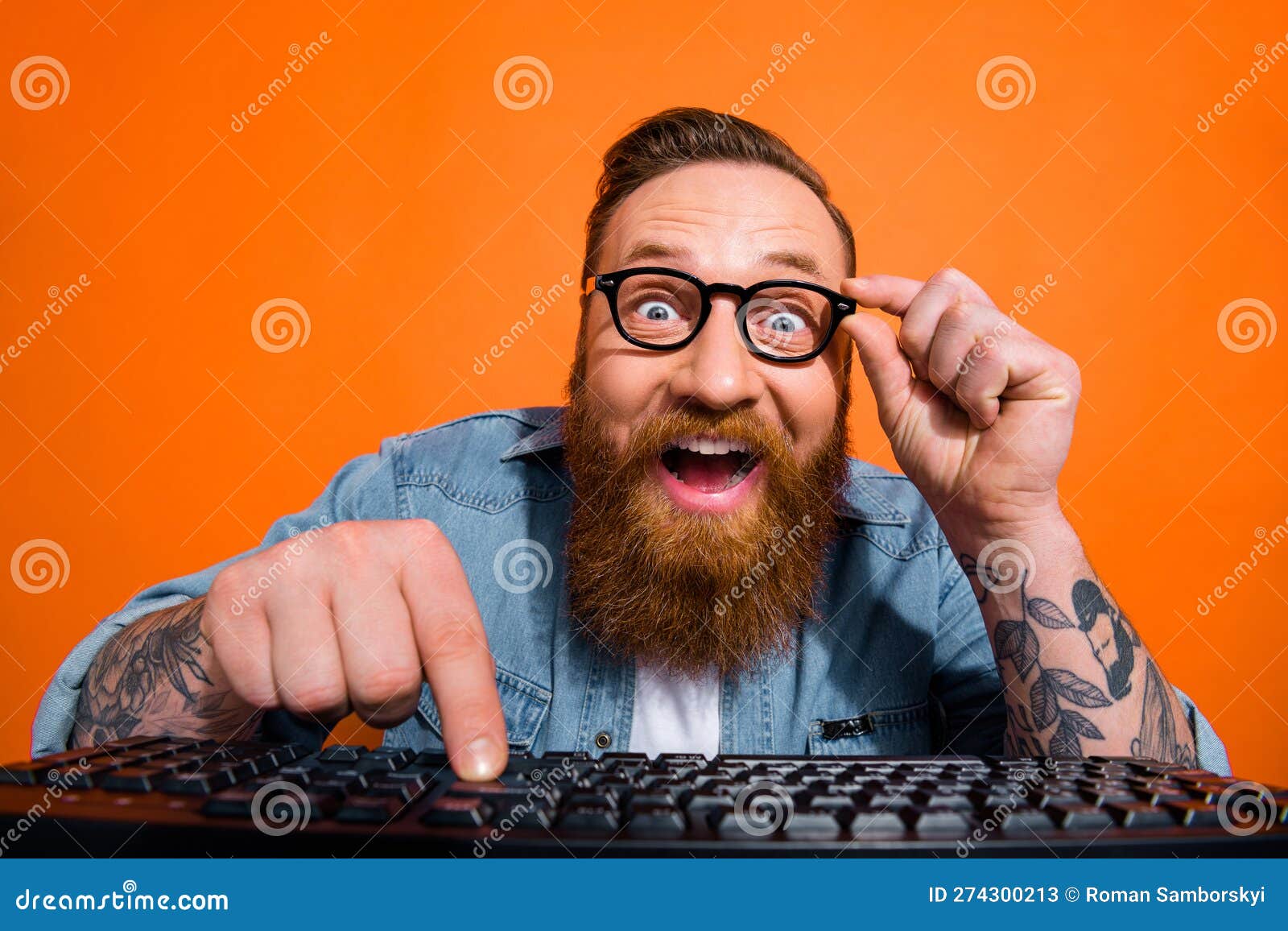 Portrait of Crazy Geek Developer Using Computer Coding Searching Web Shopping Sales Isolated on ...