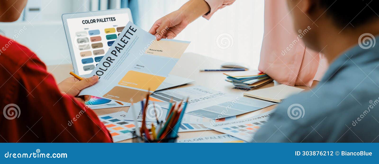 Graphic Designer Team Select Appropriate Color for Project. Closeup ...