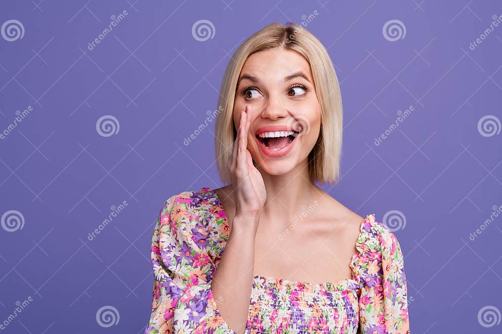 Portrait Of Cute Astonished Lady Arm Near Open Mouth Look Communicate