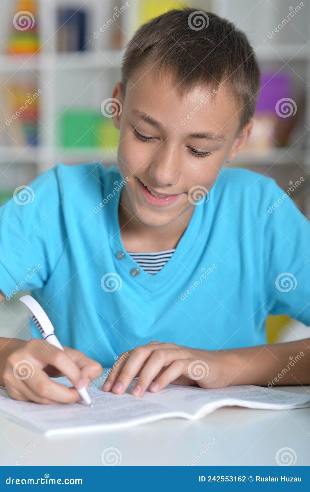 Portrait of Cute Boy Doing Homework at Home Stock Photo - Image of ...