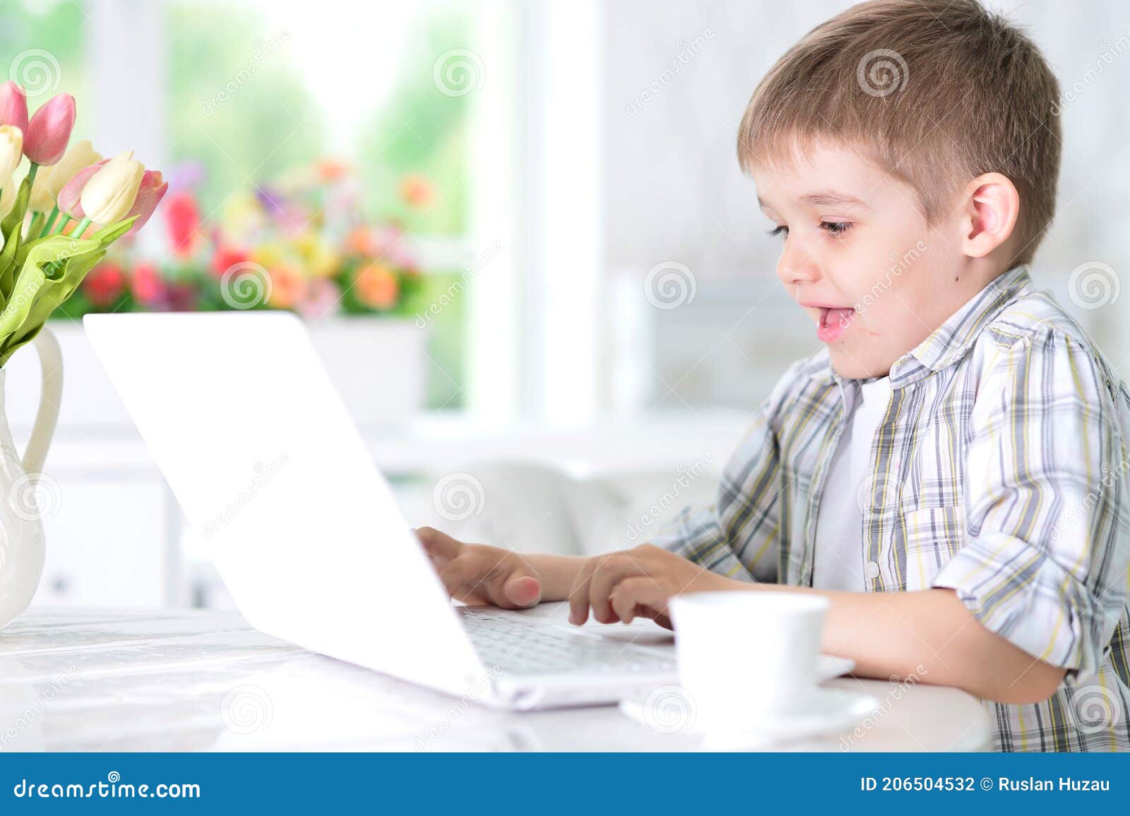 Portrait of Cute Boy Using Laptop in Room Stock Photo - Image of pupil ...
