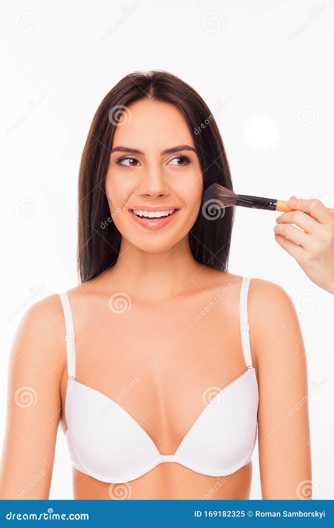 Portrait of Cute Cheerful Girl in White Bra Doing Maquillage with Brush ... Portrait of Cute Cheerful Girl in White Bra Doing Maquillage with Brush ...