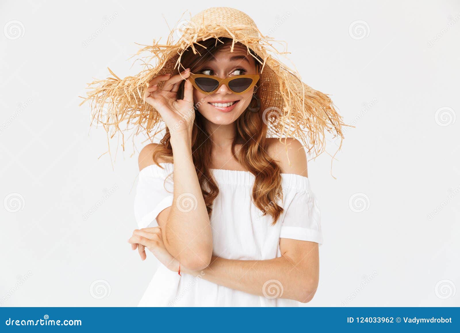 Portrait Of Cute Cheerful Woman 20s Wearing Big Straw Hat And