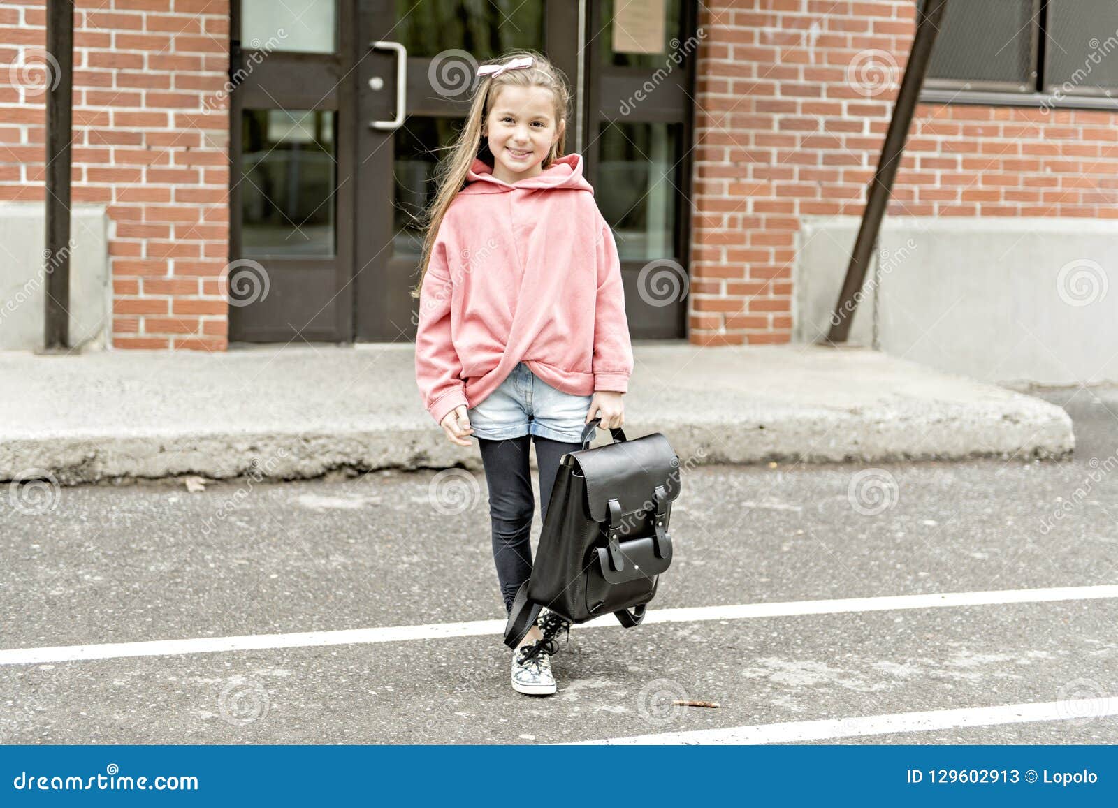 Portrait of Cute Girl with Backpack Outside of School Stock Image ...