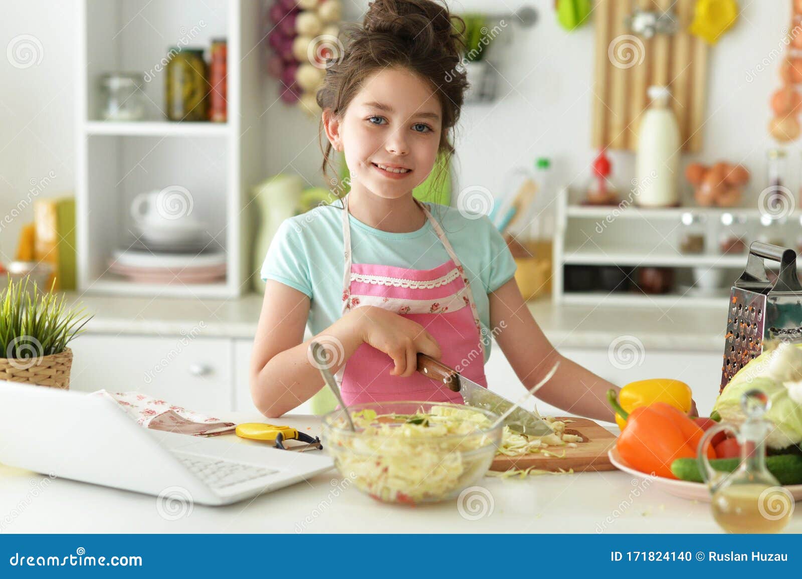 Portrait of Cute Girl Cooking on Kitchen Stock Photo - Image of cook ...