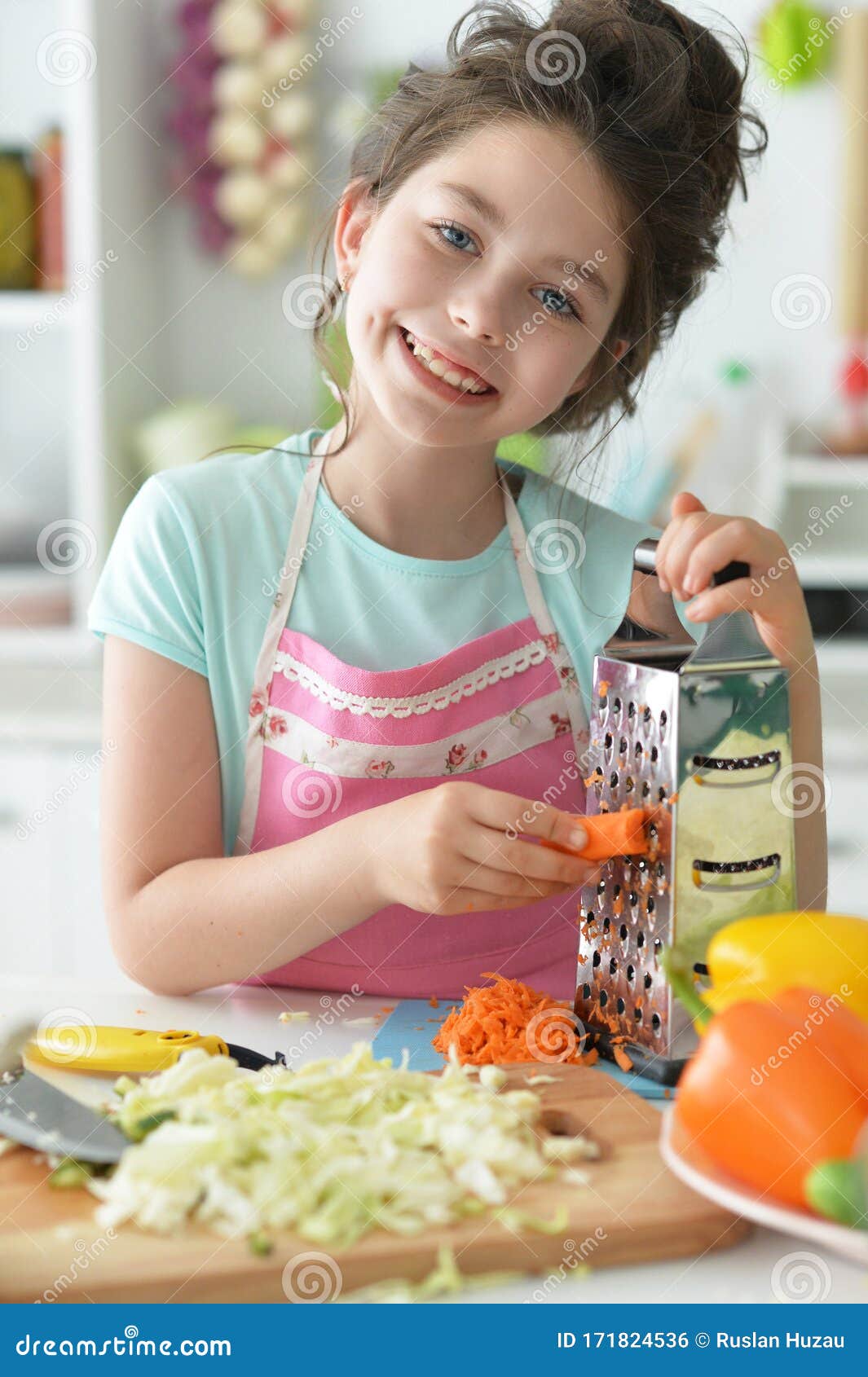 Portrait of Cute Girl Cooking on Kitchen Stock Photo - Image of leisure ...