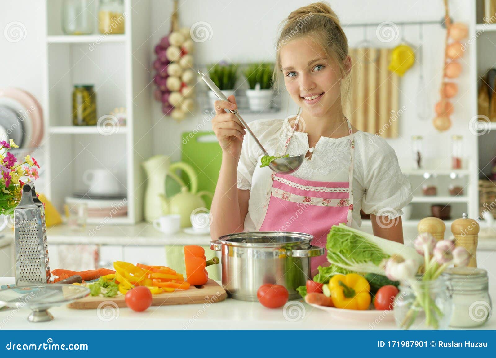 Portrait of Cute Girl Cooking on Kitchen Stock Image - Image of healthy ...