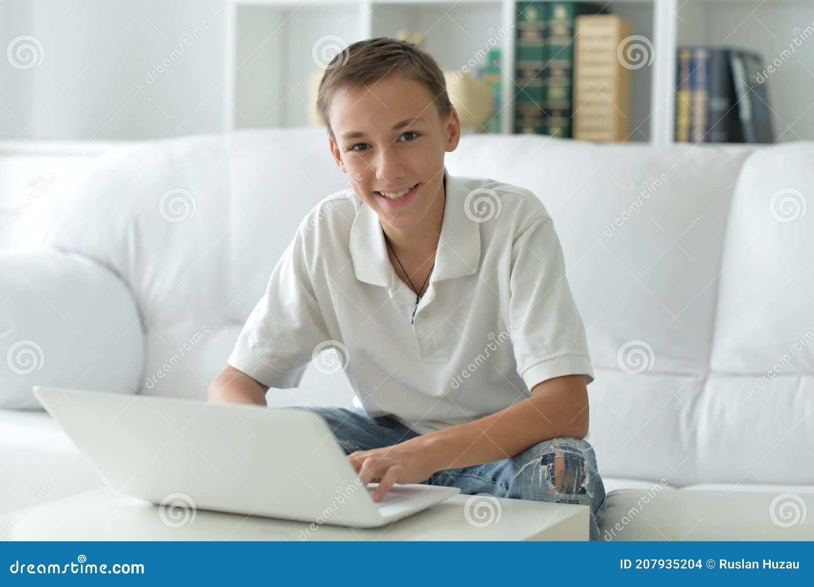 Portrait of Happy Boy Using Laptop in Room Stock Photo - Image of ...