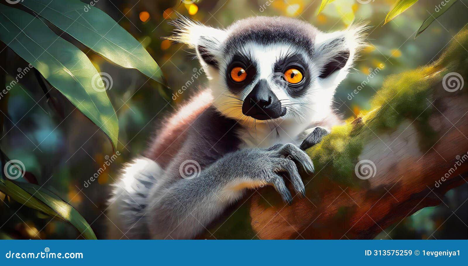 Portrait of a Cute Lemur Sleeping on a Tree Branch in the Forest with ...