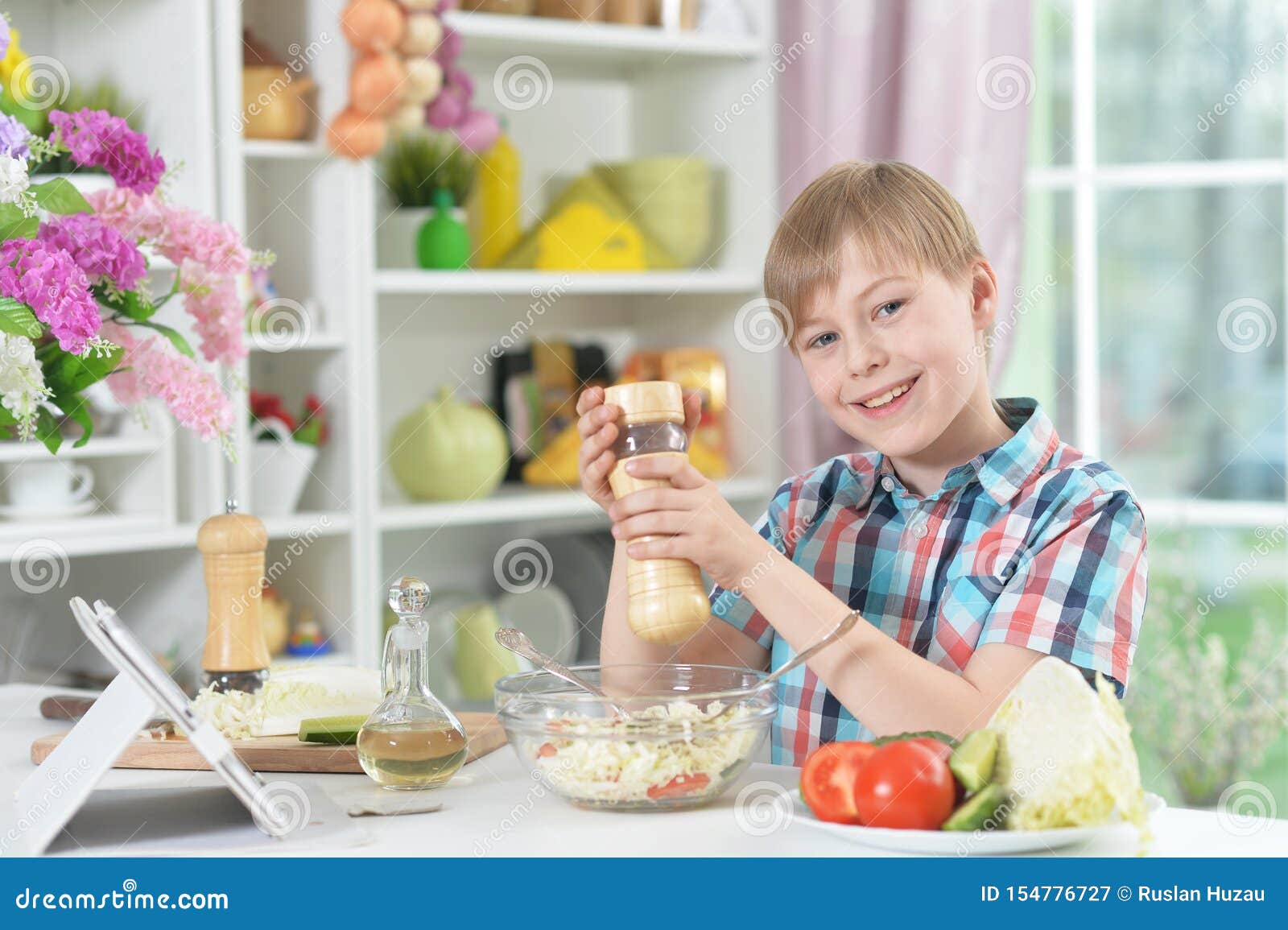 Portrait of Cute Little Boy Making Dinner Stock Image - Image of ...