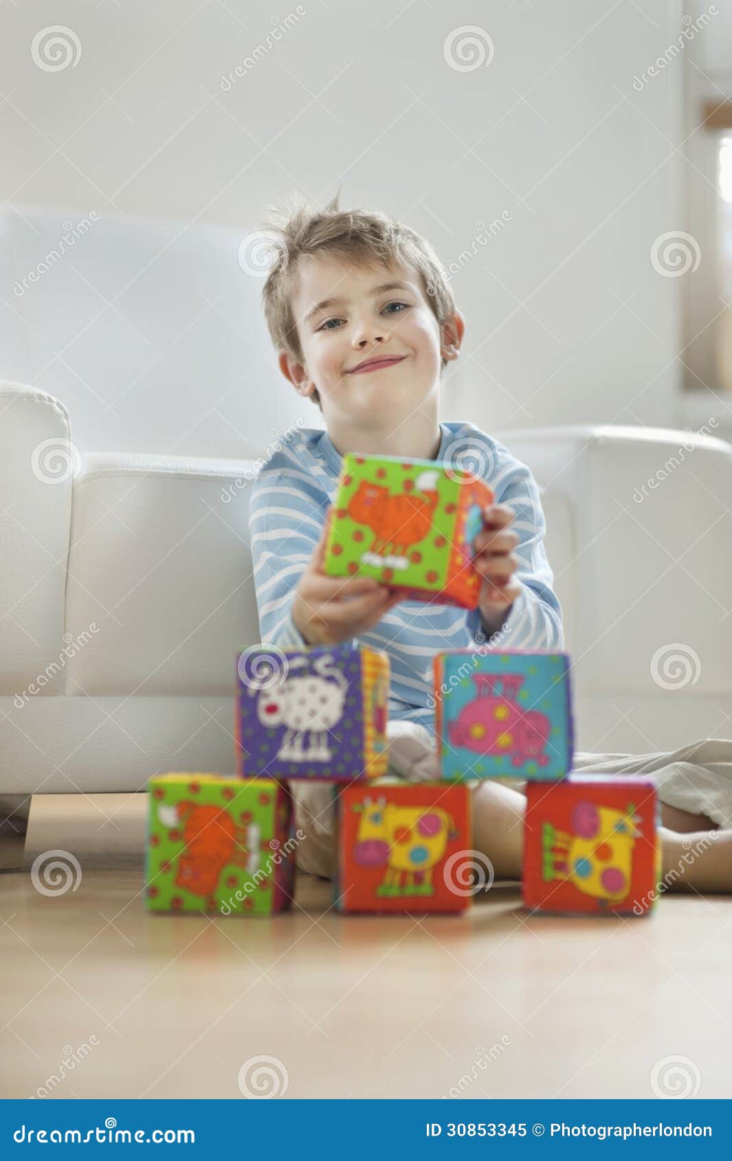 Portrait of Cute Little Boy Stacking Blocks while Sitting on Floor ...