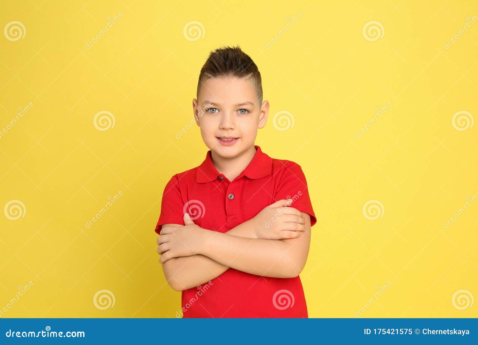 Portrait of Cute Little Boy on Yellow Background Stock Image - Image of ...