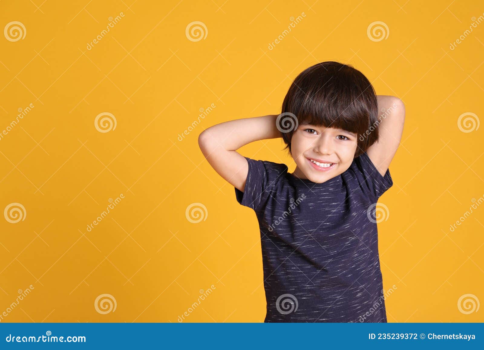 Portrait of Cute Little Boy on Yellow Background, Space for Text Stock ...