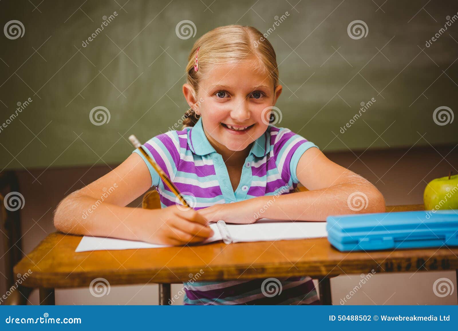 Portrait of Cute Little Girl Writing Notes Stock Photo - Image of hair ...